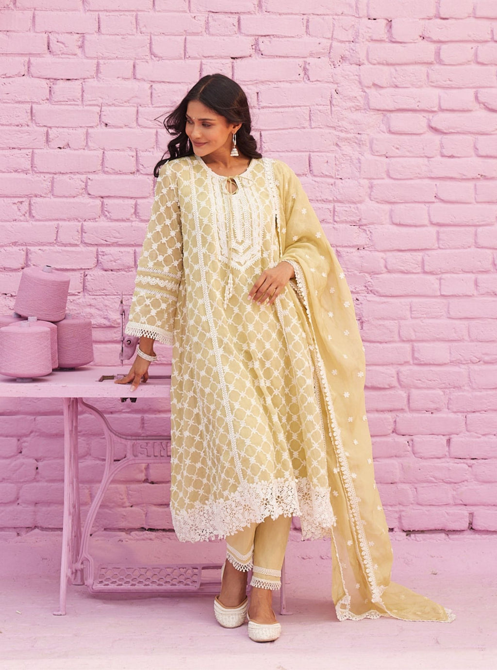 Mulmul Organza Percy Lime Green Anarkali Kurta With Mulmul Cotton Perc