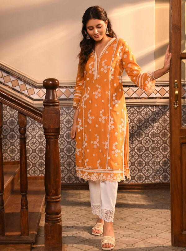 Mulmul Cotton Malisa Orange Kurta With Mulmul Cotton Floral Chemical L