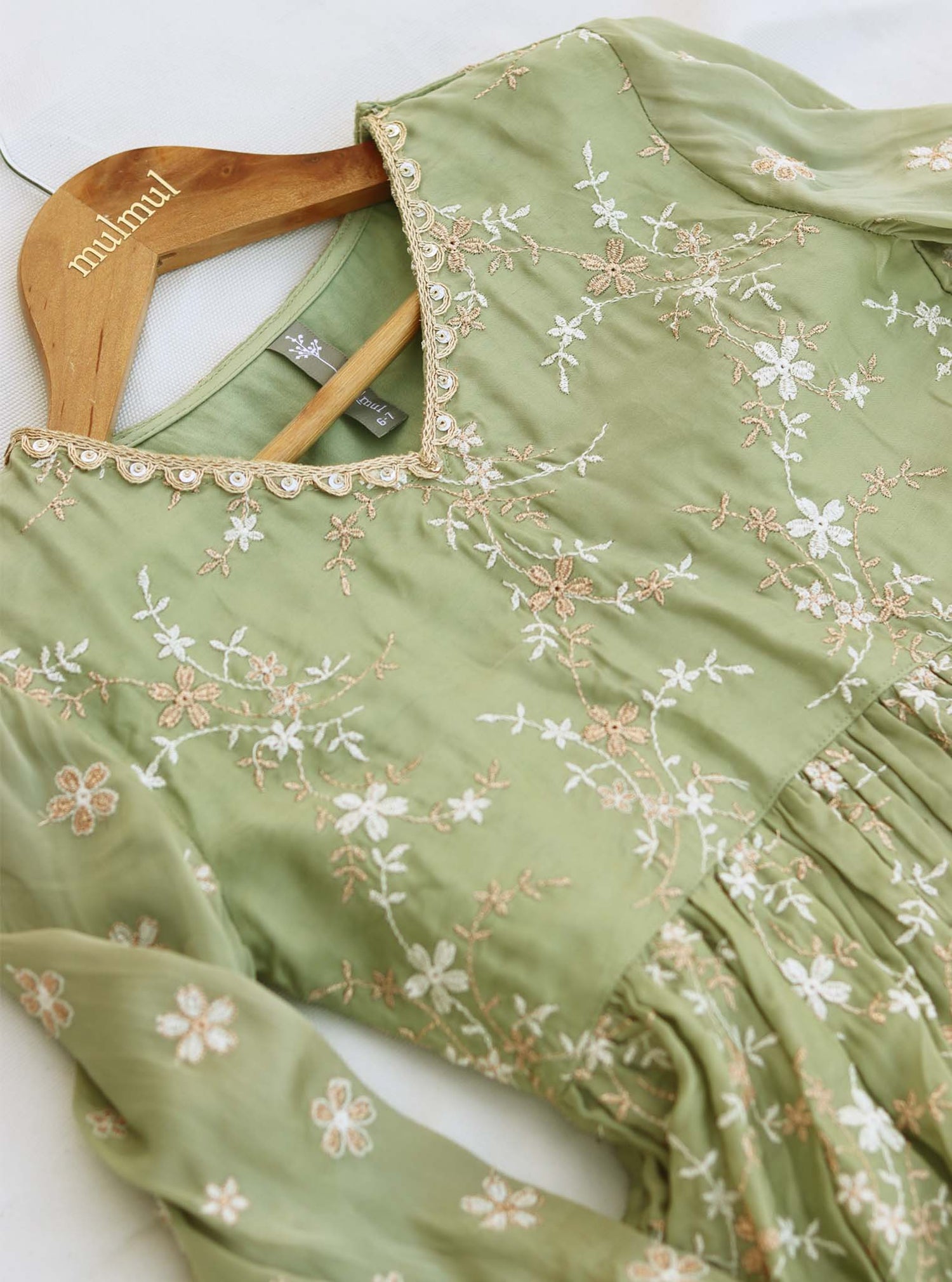 Mulmul Organza Satin Doria Sage Green Kurta with Mulmul Organza Satin