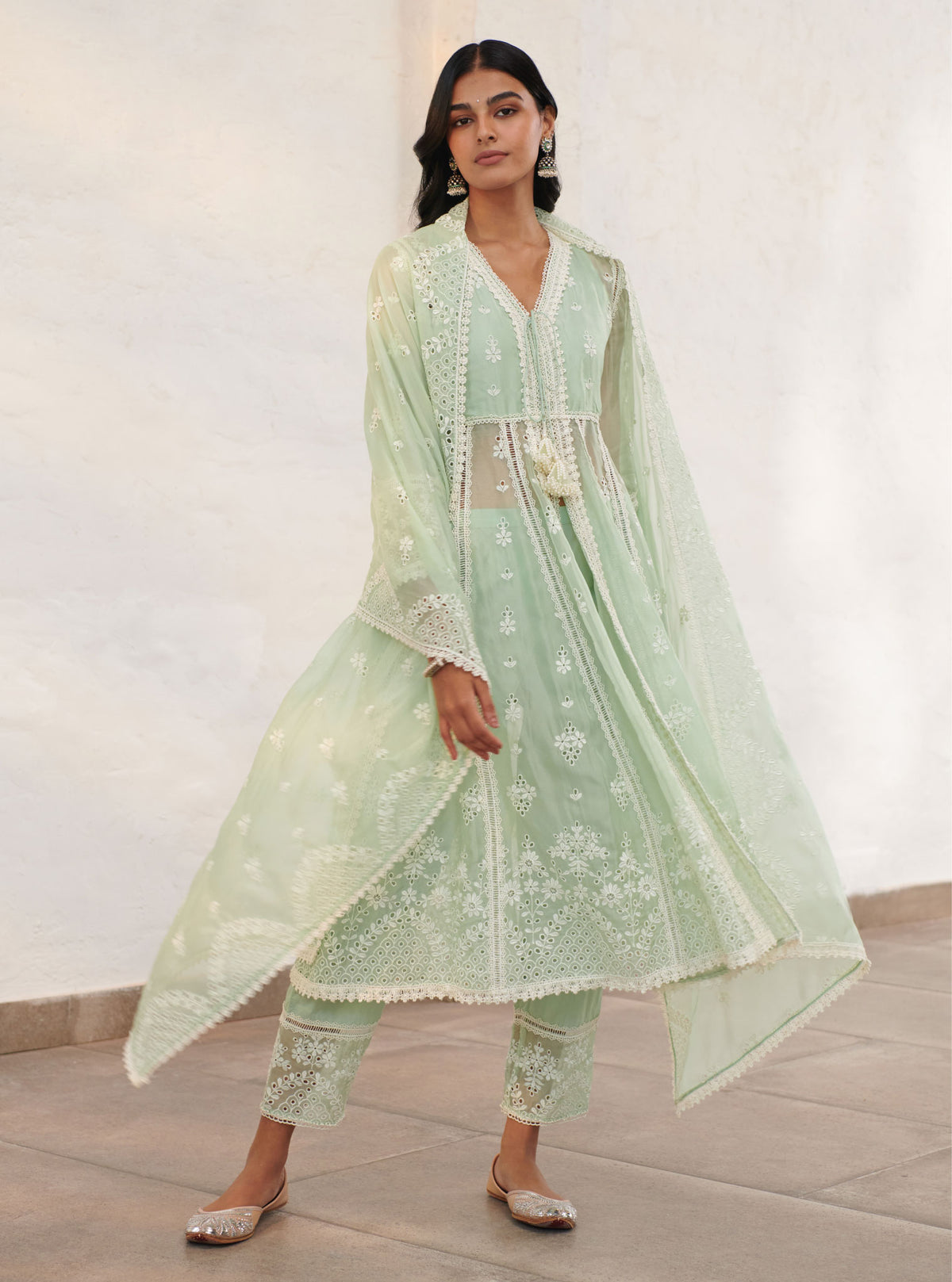 Mulmul Organza Sheffield Green Anarkali Kurta With Cotton Sheffield Gr