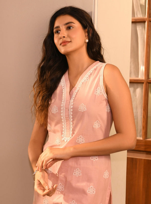 Mulmul Cotton Tesni Light Pink Kurta With Mulmul Cotton Tesni Light Pi