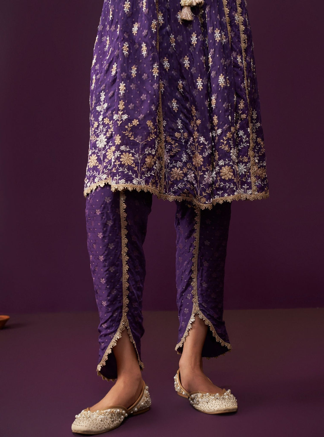 Mulmul Banarsi Nyah Purple Short Anarkali Kurta With Mulmul Banarsi Ny