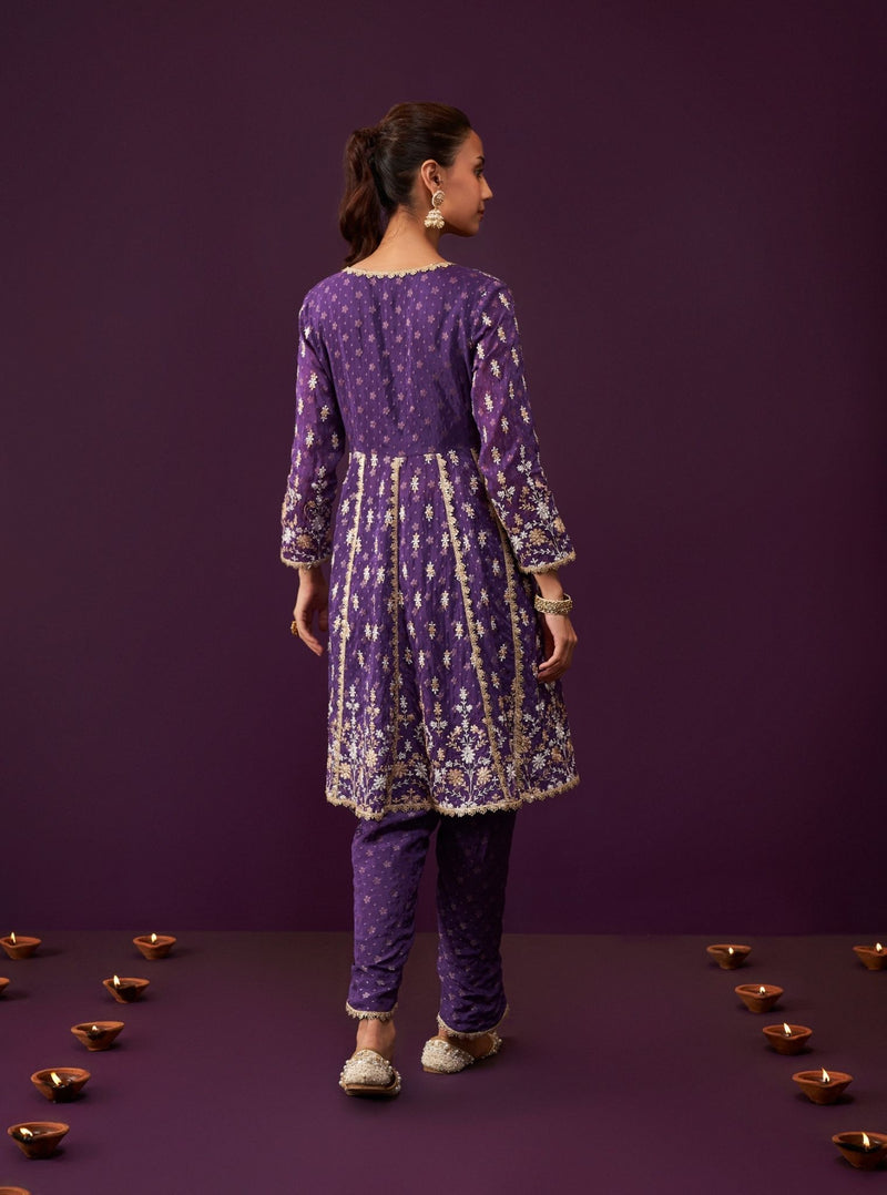 Mulmul Banarsi Nyah Purple Short Anarkali Kurta With Mulmul Banarsi Ny