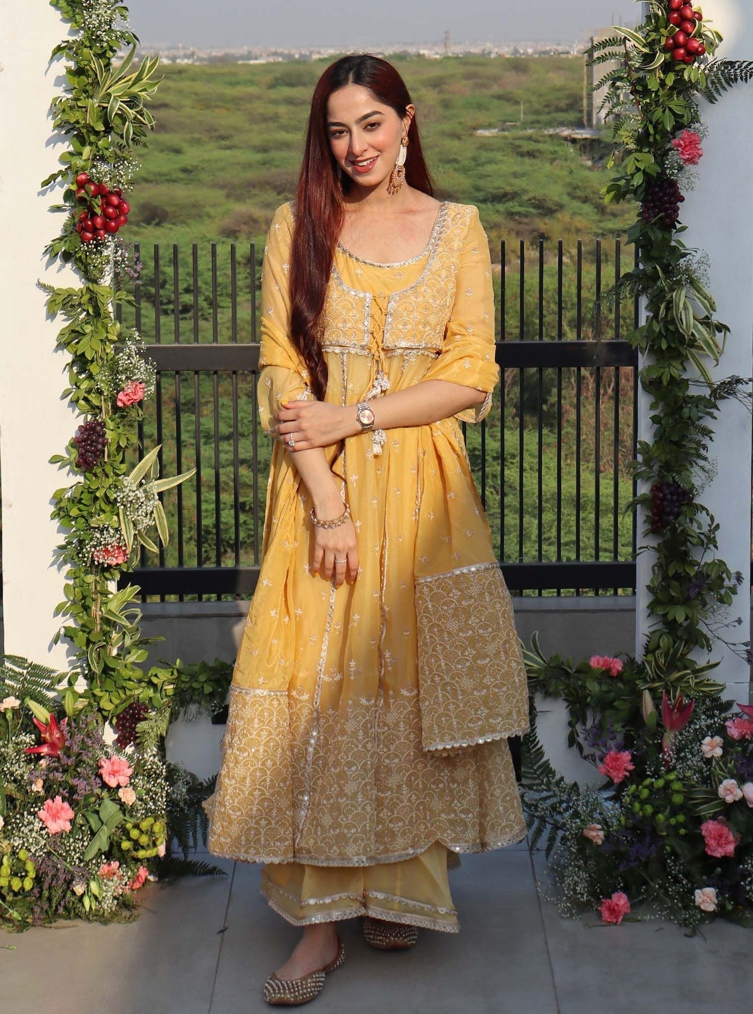 Mulmul Organza Sheri Yellow Anarkali Kurta With Mulmul Organza Sheri Y
