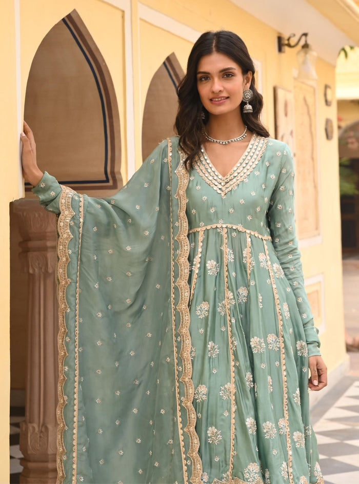 Mulmul Organza Satin Tareefan Teal Blue Anarkali Kurta with Mulmul Lux