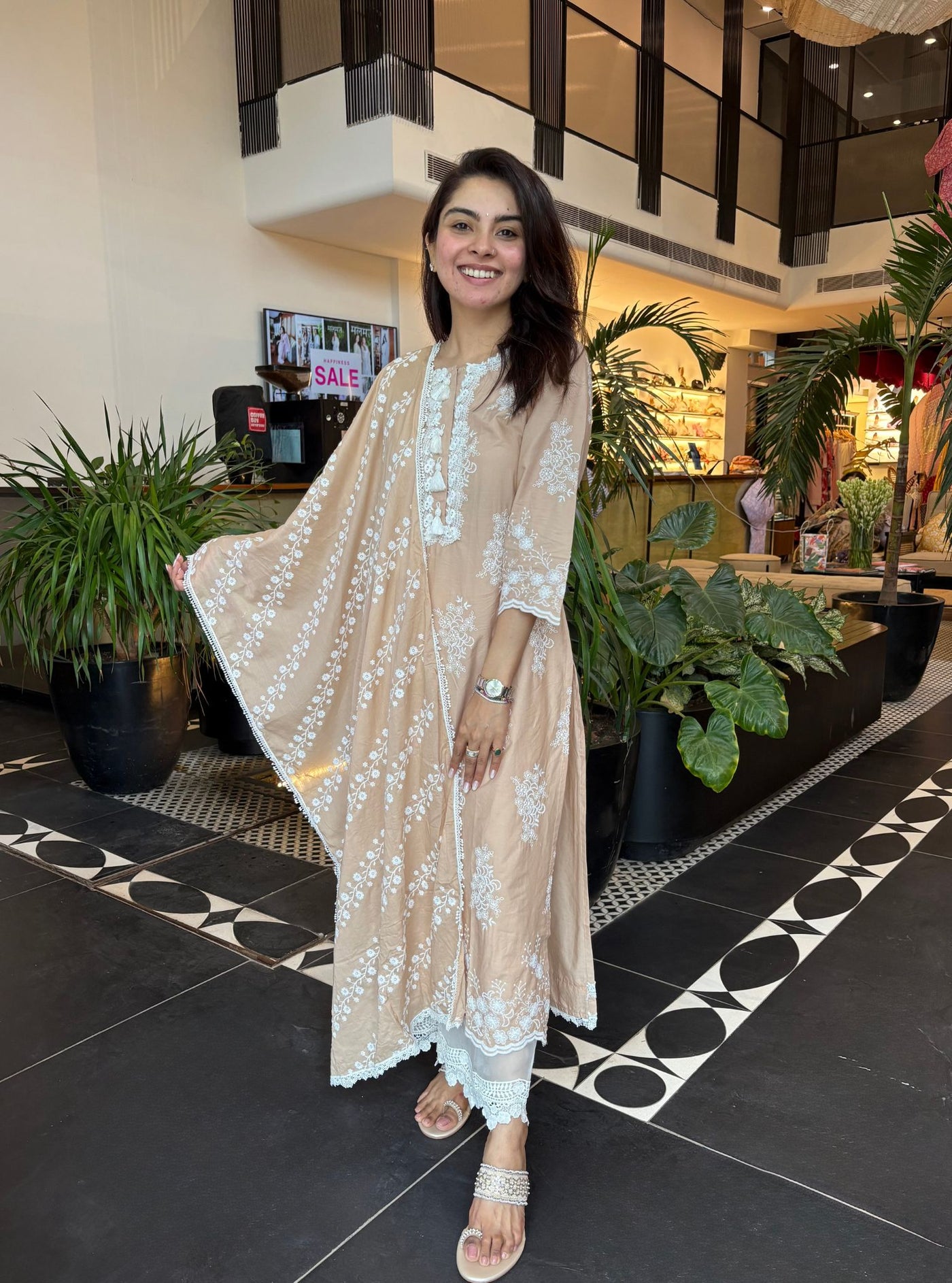 Perla Supima Cotton Beige Kurta with Floral Lace Flared White Pant Set