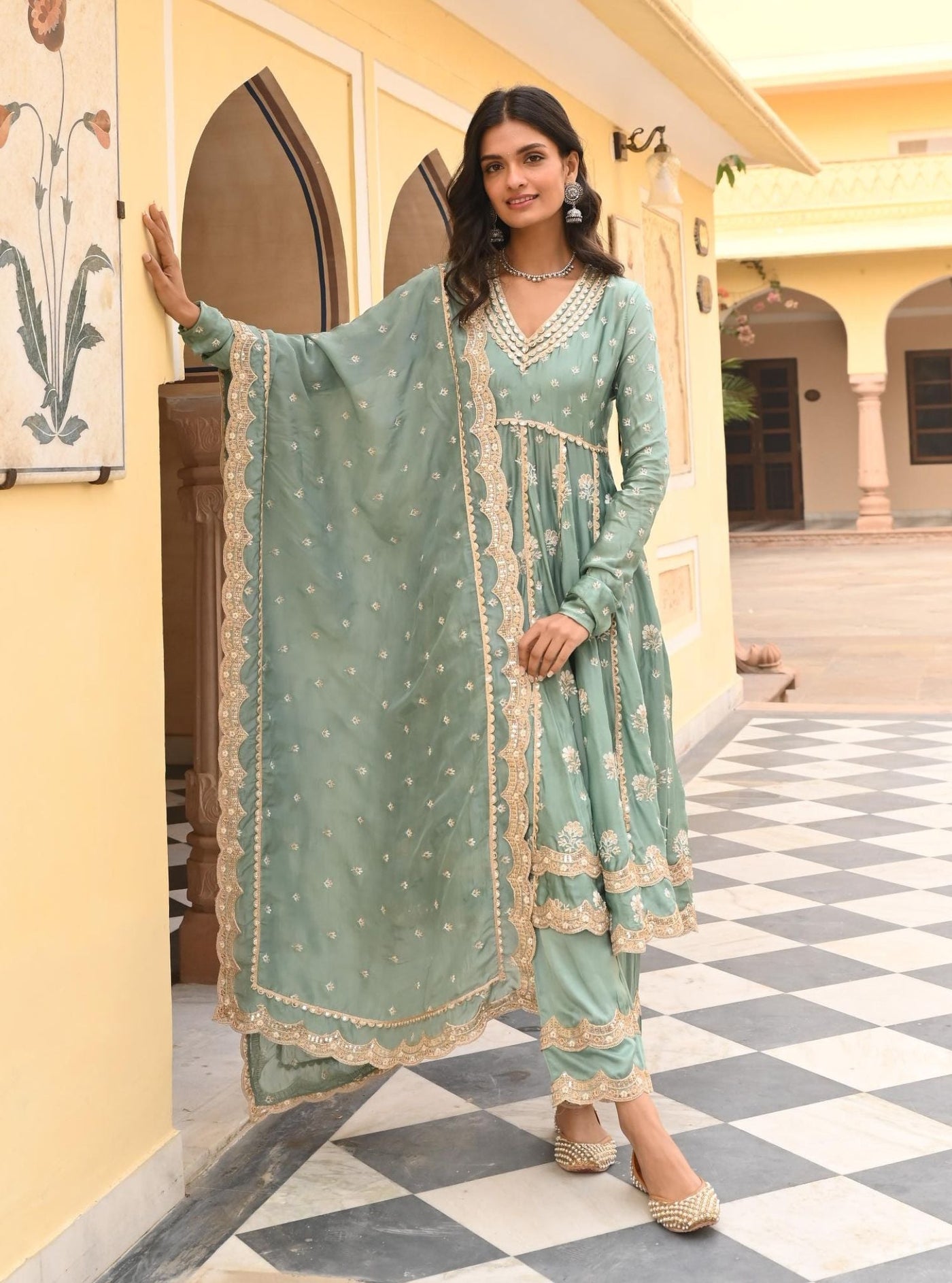 Mulmul Organza Satin Tareefan Teal Blue Anarkali Kurta with Mulmul Lux