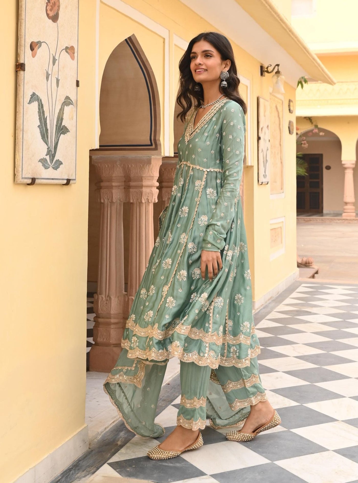 Mulmul Organza Satin Tareefan Teal Blue Anarkali Kurta with Mulmul Lux