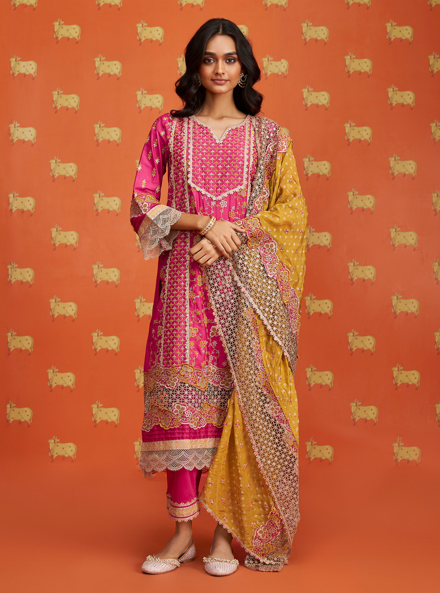 Mulmul Pima Satin Anchali Fuschia Kurta With Mulmul Pima Satin Anchali