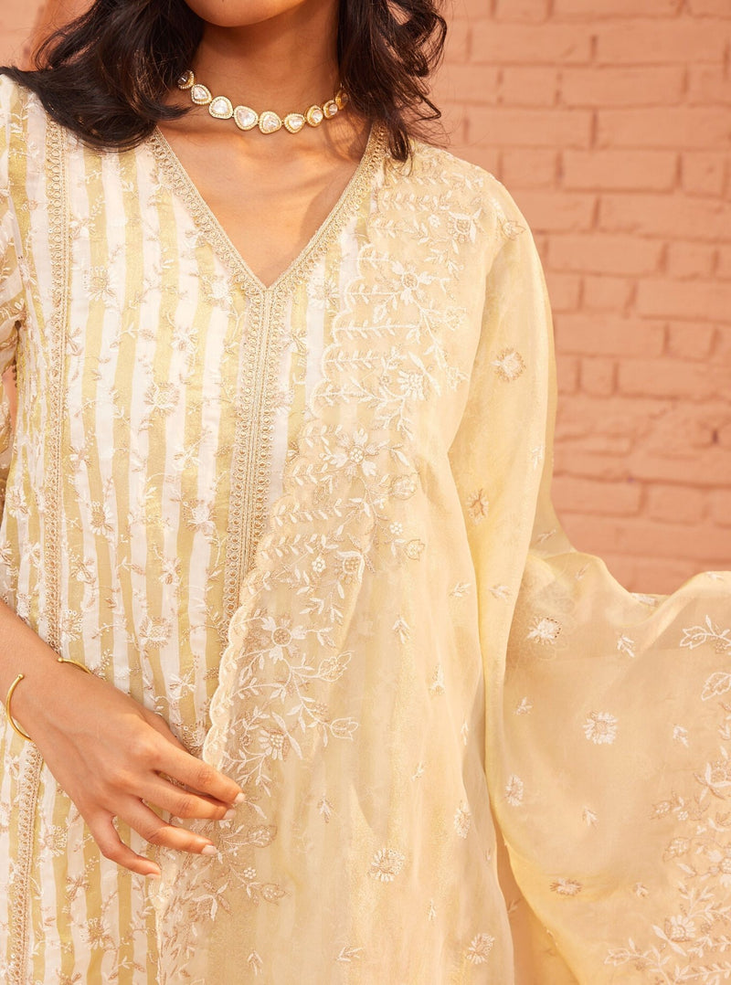 Caprina Banarsi Off White Kurta with Dhoti Pant Set