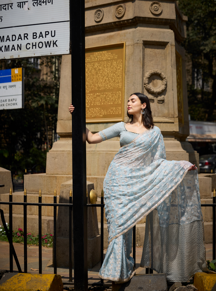 Mulmul Organza Saroli Light Blue Saree