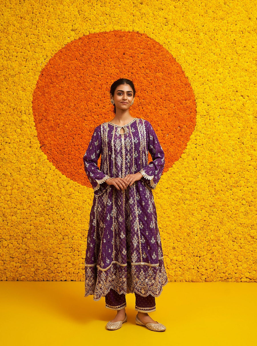 Mulmul Banarsi Chalka Purple Anarkali Kurta With Mulmul Banarsi Chalka
