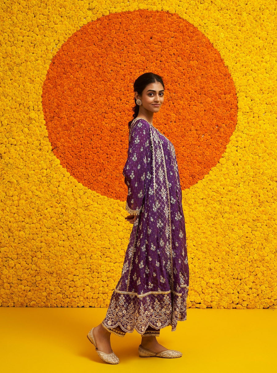 Mulmul Banarsi Chalka Purple Anarkali Kurta With Mulmul Banarsi Chalka