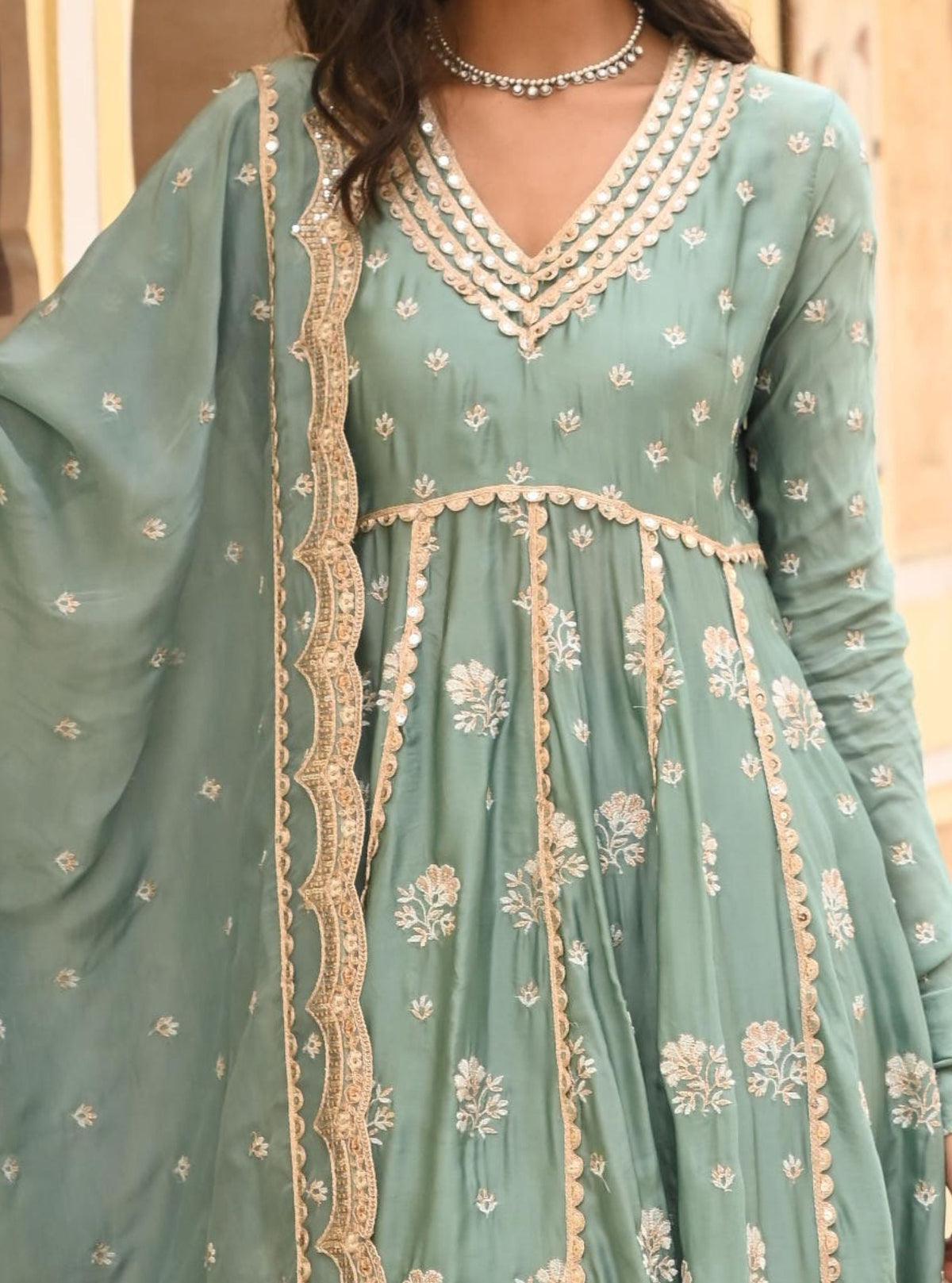 Mulmul Organza Satin Tareefan Teal Blue Anarkali Kurta with Mulmul Lux