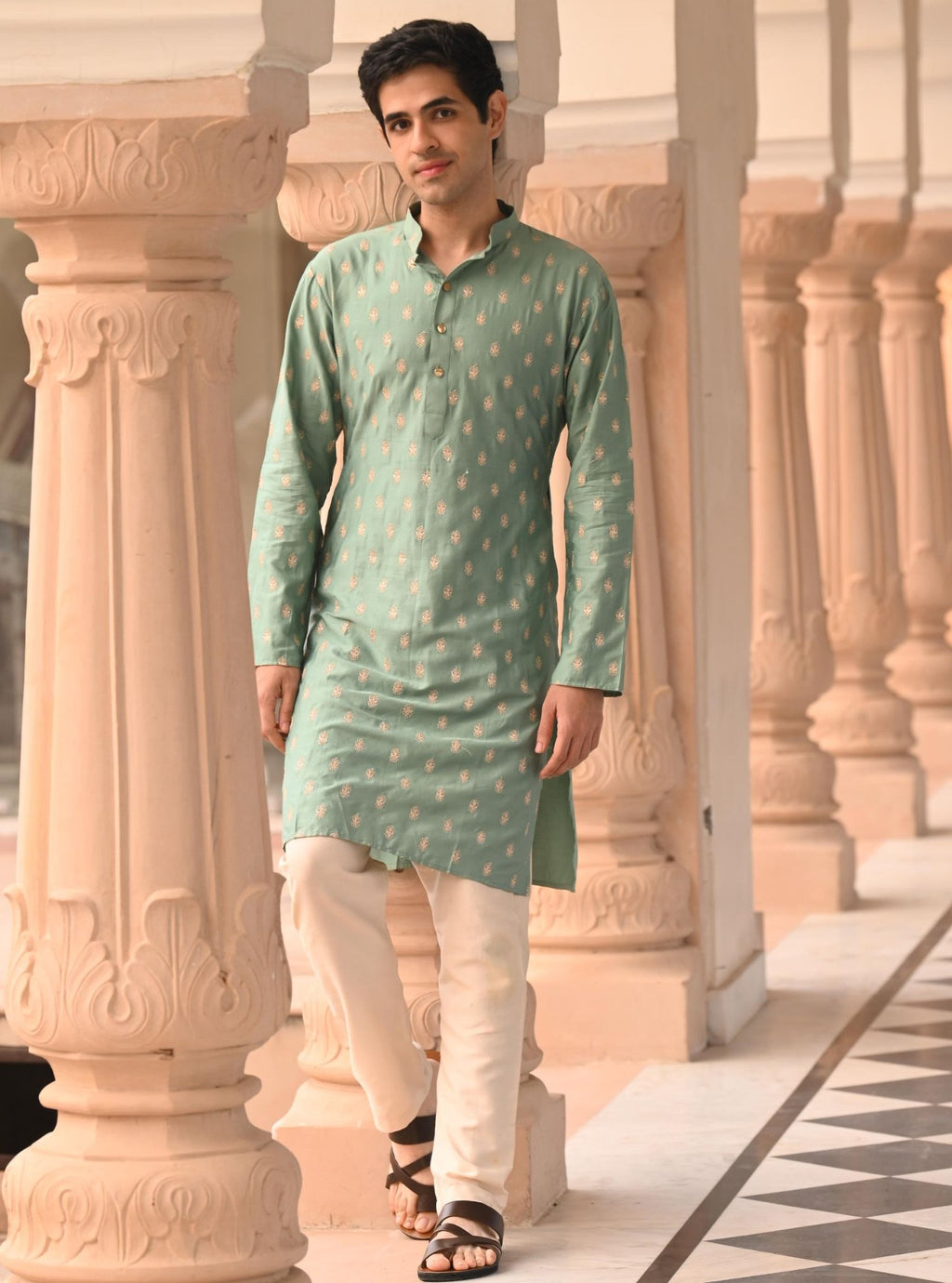 Mulmul Pima Satin Challa Teal Blue Men Kurta with Mulmul Pima Satin Sh