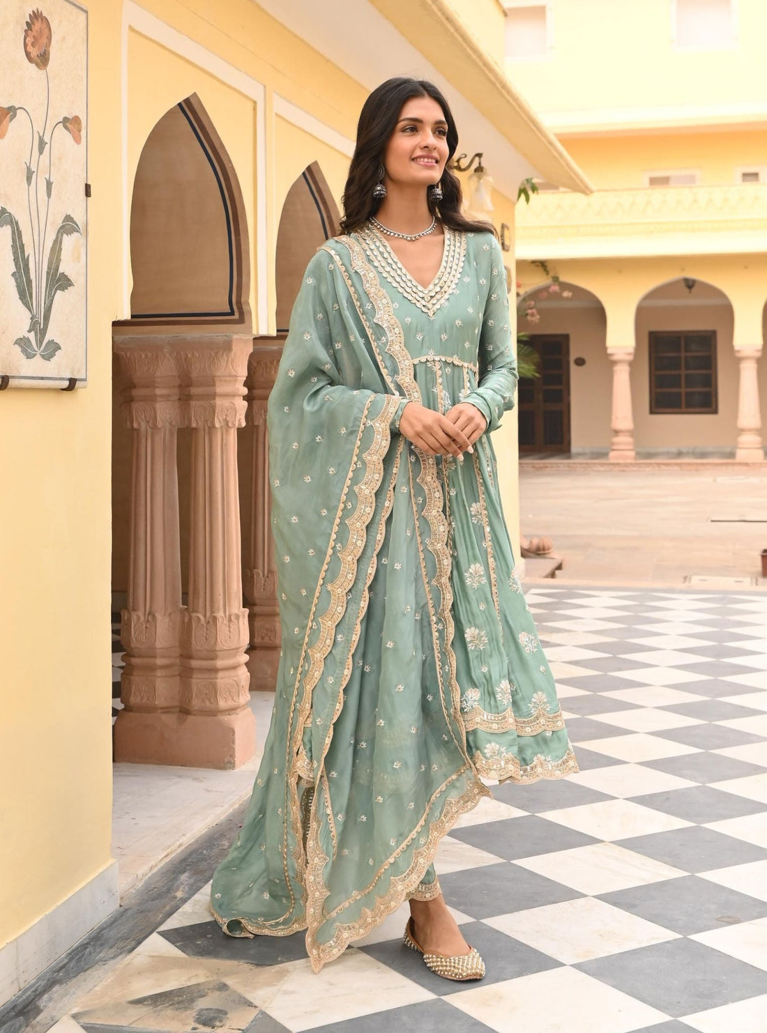 Mulmul Organza Satin Tareefan Teal Blue Anarkali Kurta with Mulmul Mod