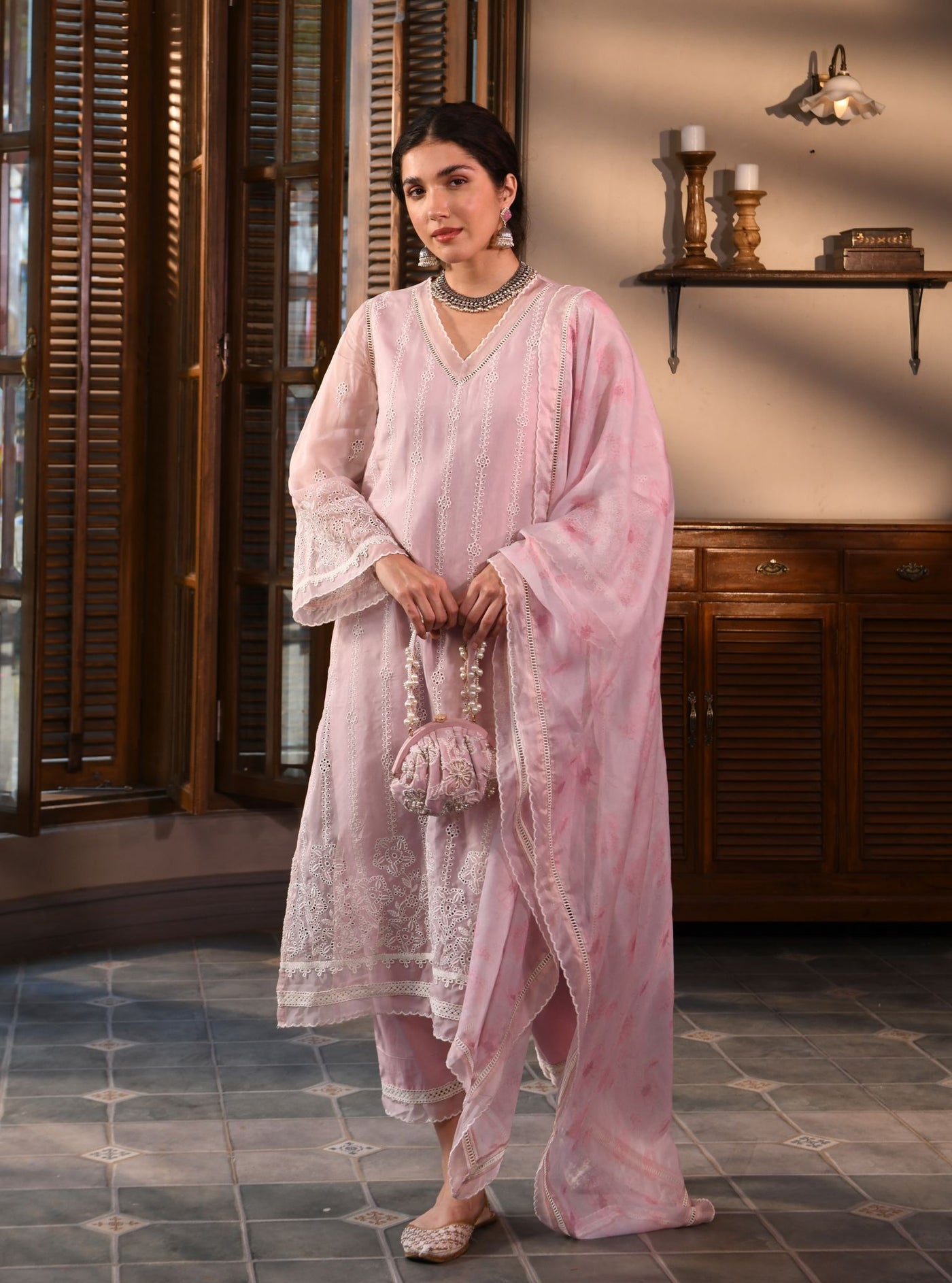 Mulmul Organza Parisa Dusty Pink Kurta With Mulmul Cotton Parisa Dusty