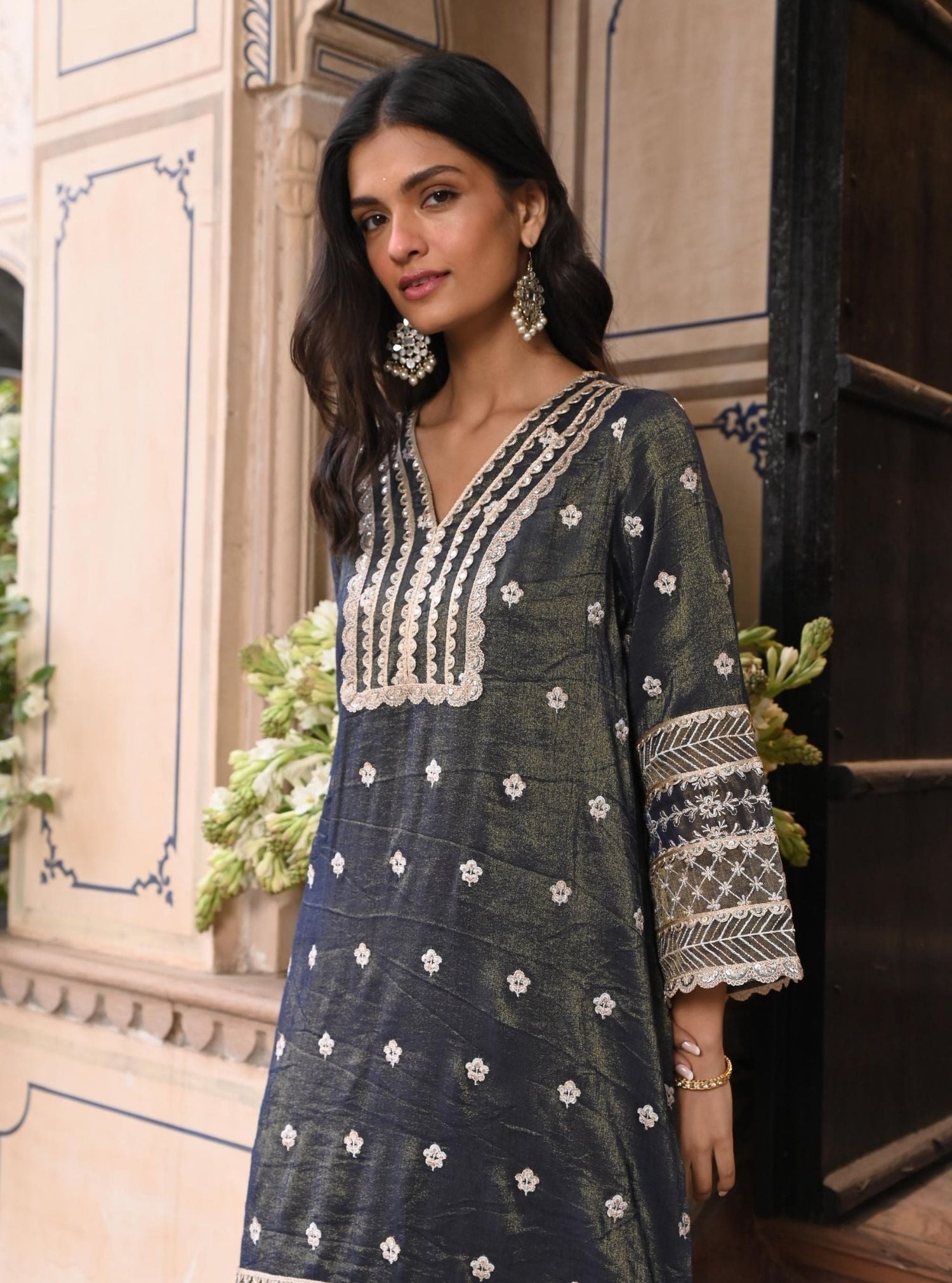 Mulmul Luxe Tissue Satin Sajni Navy Kurta with Mulmul Luxe Tissue Sati