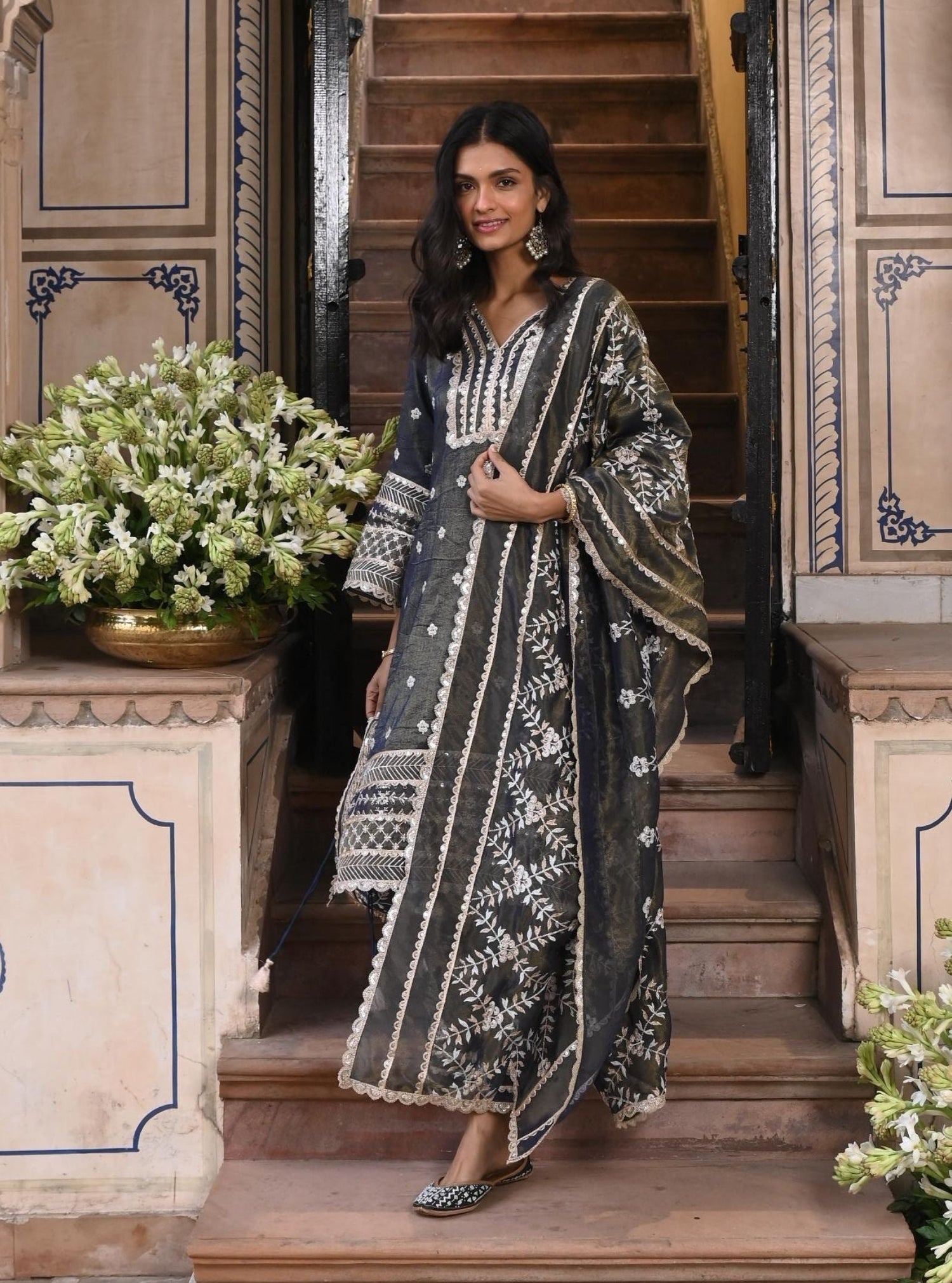 Mulmul Luxe Tissue Satin Sajni Navy Kurta with Mulmul Luxe Tissue Sati