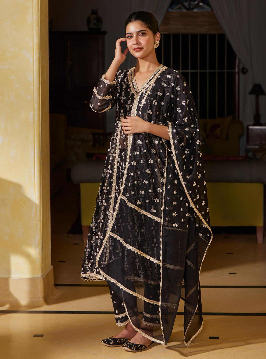 Mulmul Organza Simhi Anarkali Black Kurta with Mulmul Pima Simhi Black