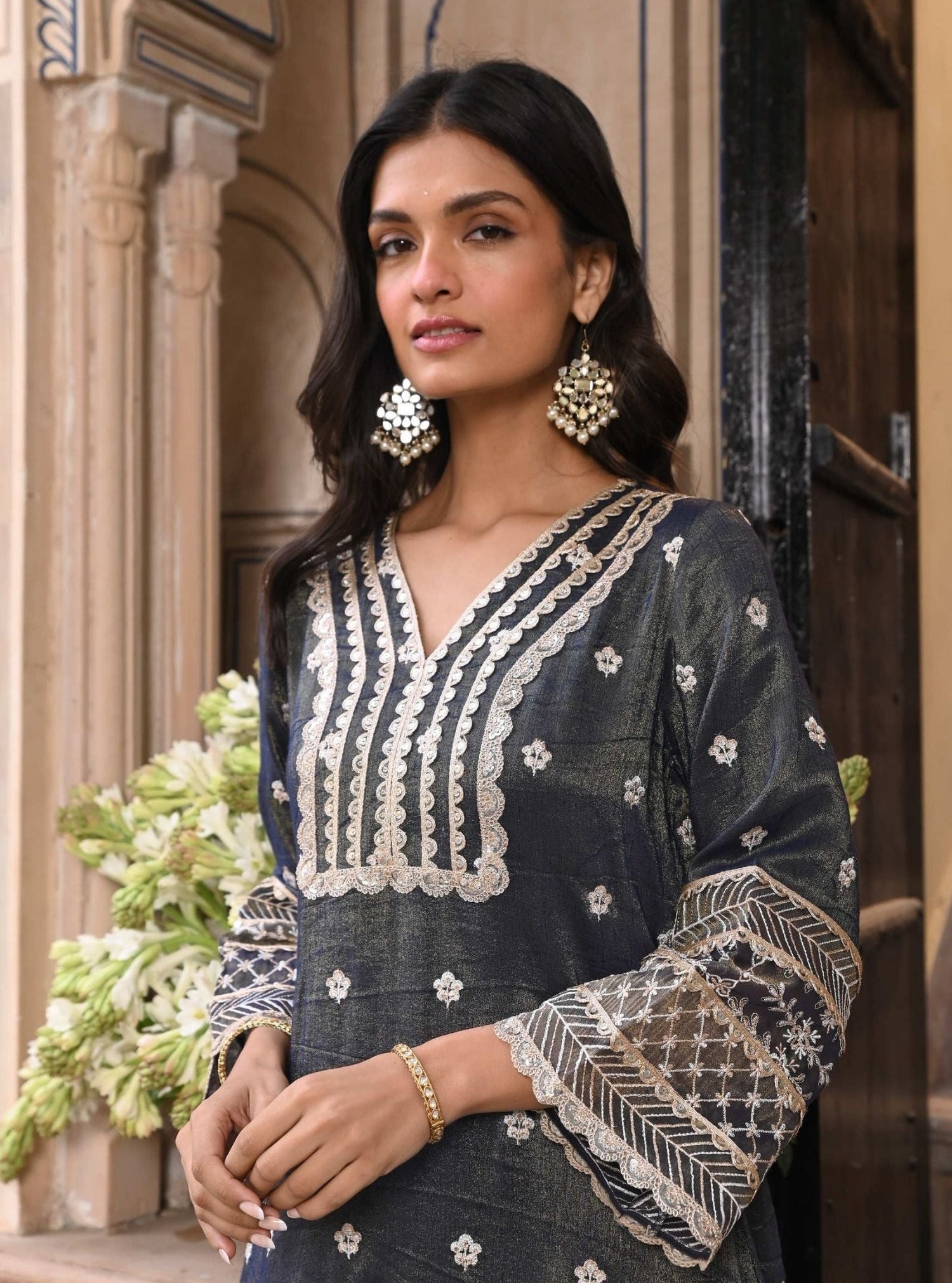 Mulmul Luxe Tissue Satin Sajni Navy Kurta with Mulmul Luxe Tissue Sati