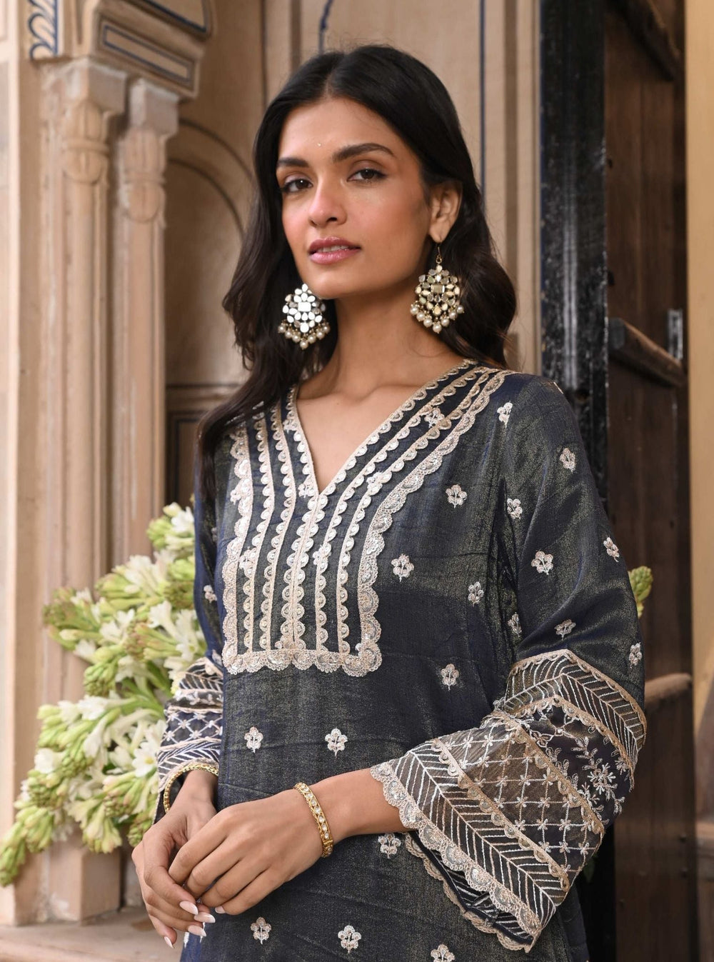 Mulmul Luxe Tissue Satin Sajni Navy Kurta with Mulmul Luxe Tissue Sati