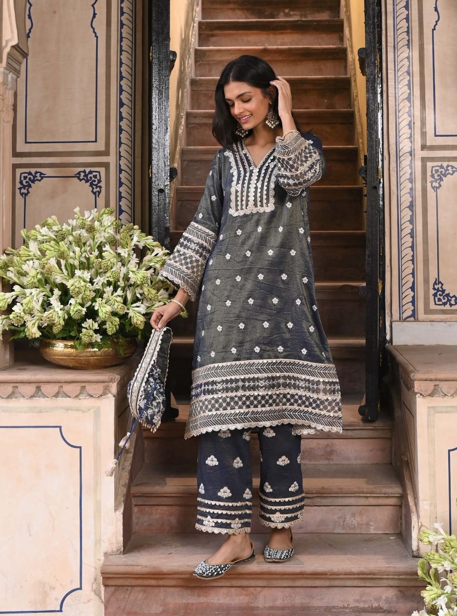 Mulmul Luxe Tissue Satin Sajni Navy Kurta with Mulmul Luxe Tissue Sati
