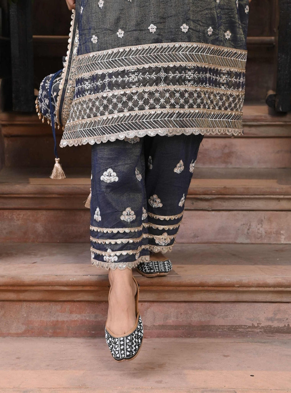 Mulmul Luxe Tissue Satin Sajni Navy Kurta with Mulmul Luxe Tissue Sati