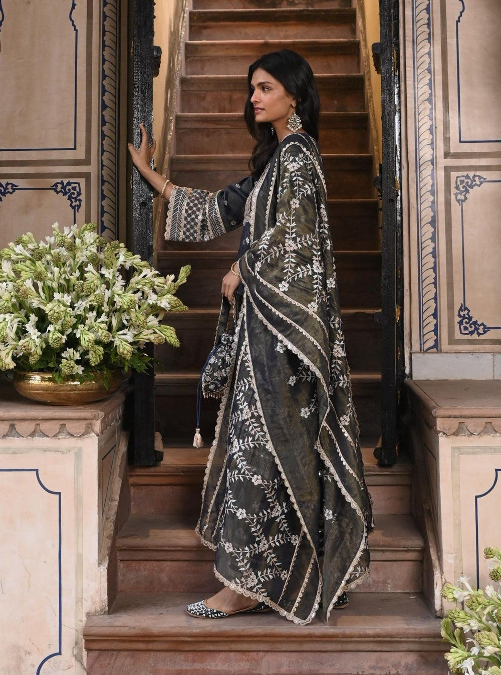 Mulmul Luxe Tissue Satin Sajni Navy Kurta with Mulmul Luxe Tissue Sati