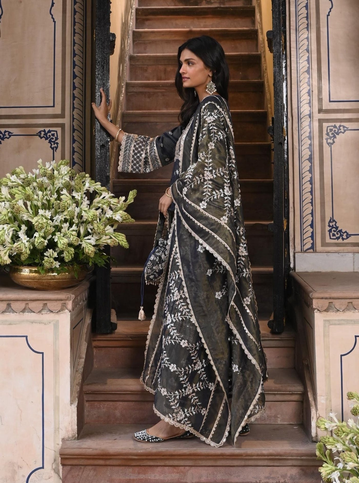 Mulmul Luxe Tissue Satin Sajni Navy Kurta with Mulmul Luxe Tissue Sati