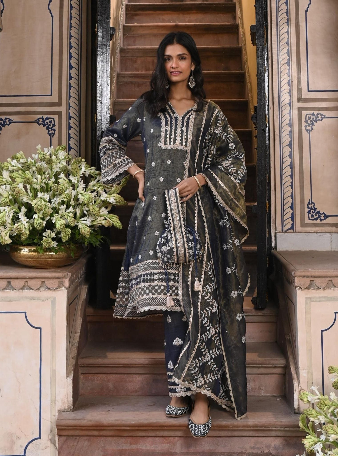 Mulmul Luxe Tissue Satin Sajni Navy Kurta with Mulmul Luxe Tissue Sati