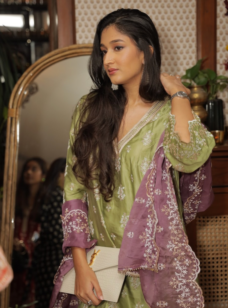 Callaia Cupro Satin Moss Green Kurta Set