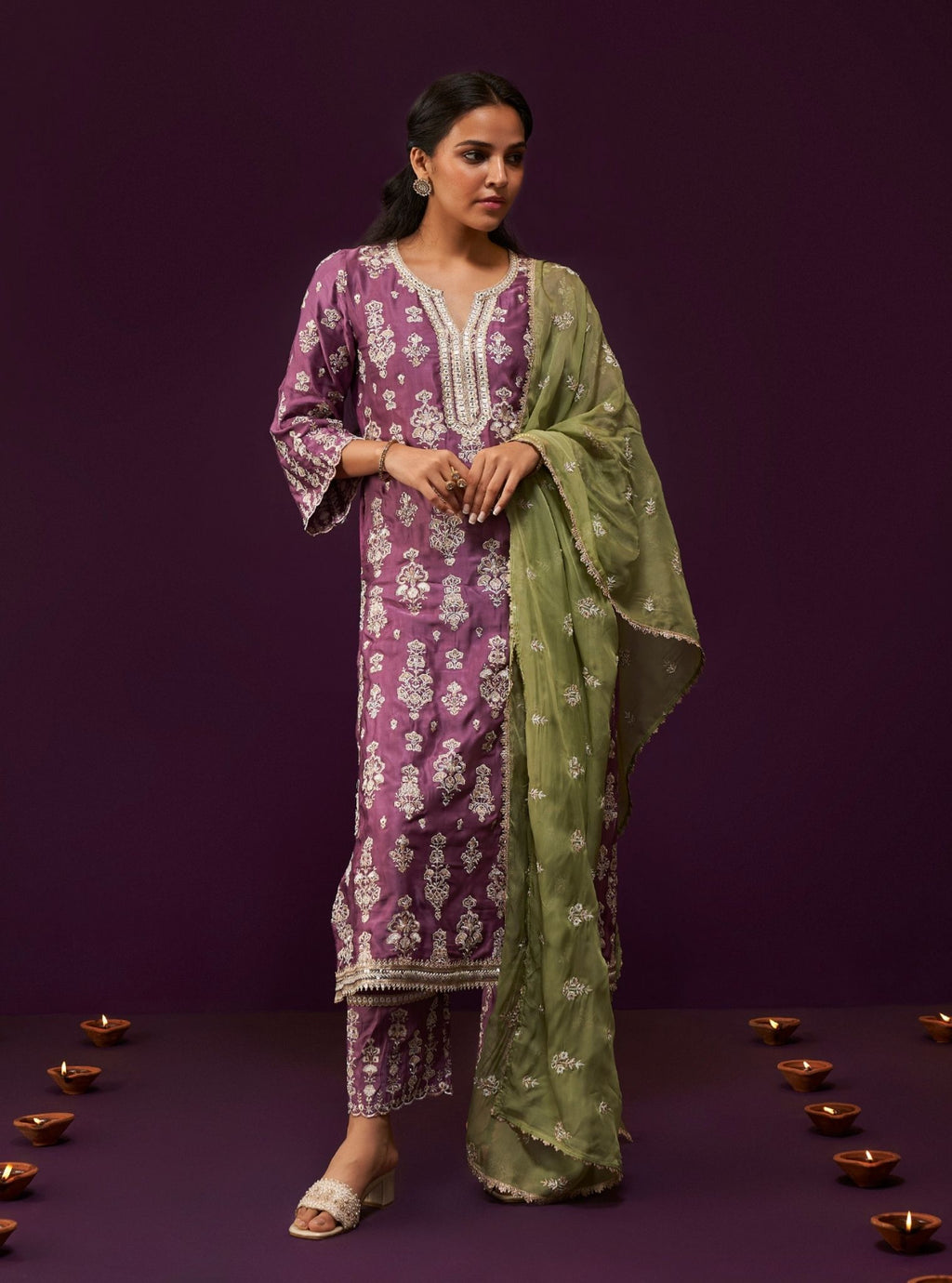 Mulmul Cupro Satin Florentina Purple Kurta With Mulmul Cupro Satin Flo