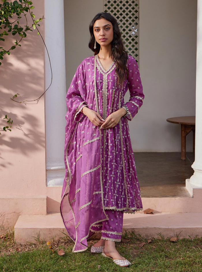 Mulmul Organza Simhi Anarkali Lilac Kurta with Mulmul Pima Simhi Lilac