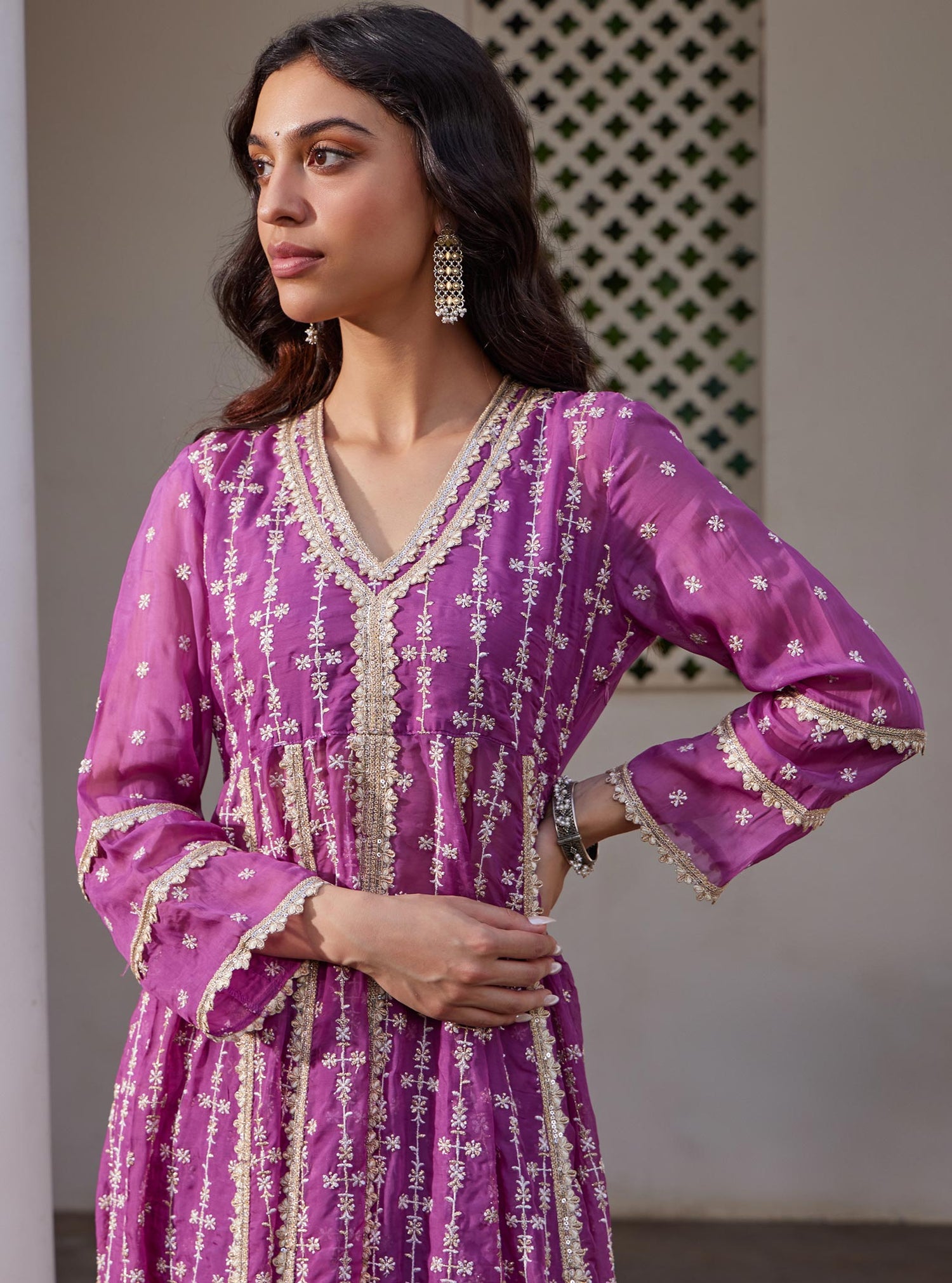 Mulmul Organza Simhi Anarkali Lilac Kurta with Mulmul Pima Simhi Lilac