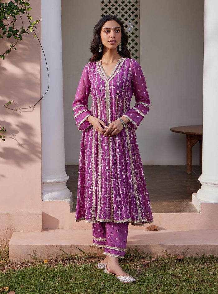 Mulmul Organza Simhi Anarkali Lilac Kurta with Mulmul Pima Simhi Lilac