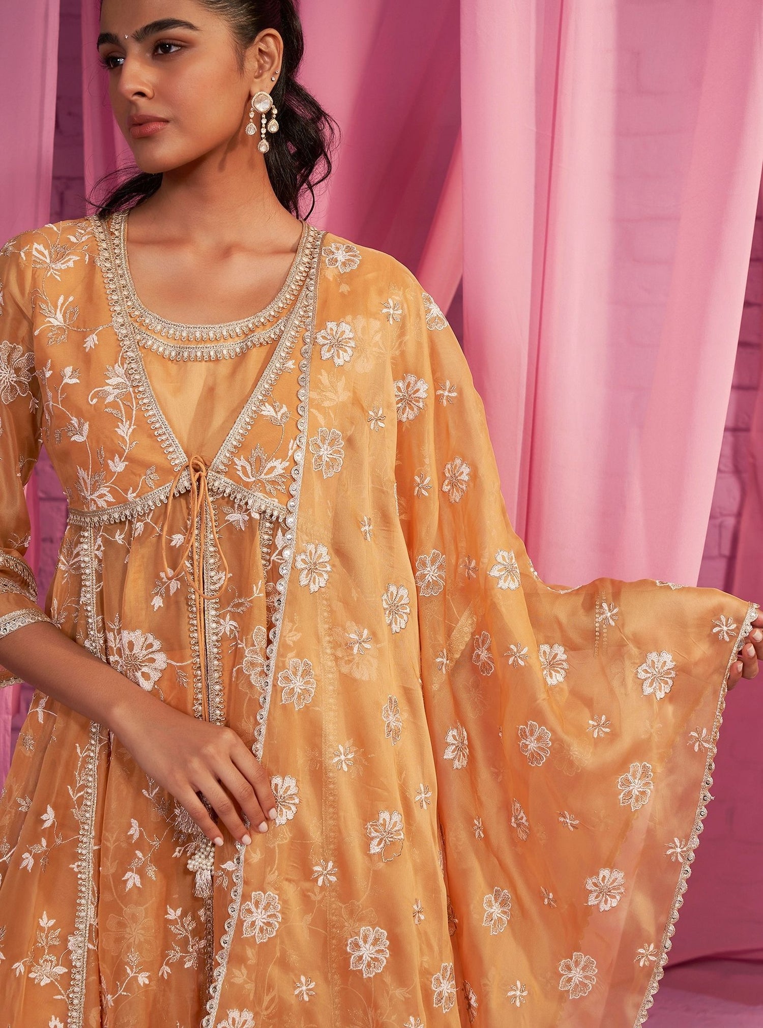 Mulmul Organza Sharvi Orange Anarkali Kurta With Mulmul Cotton Sharvi