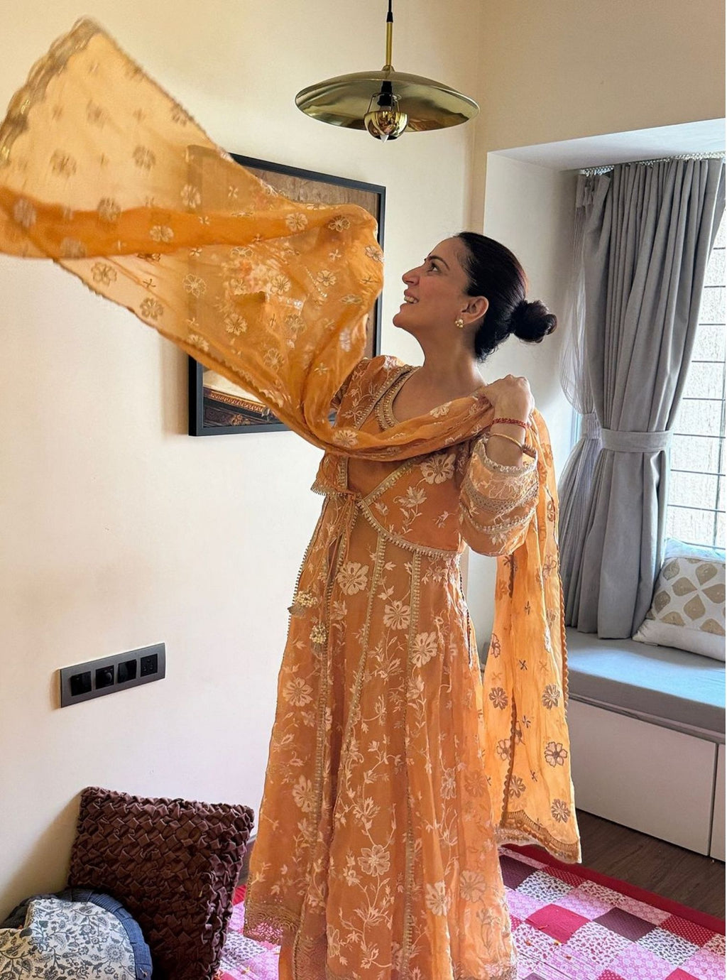 Mulmul Organza Sharvi Orange Anarkali Kurta With Mulmul Cotton Sharvi