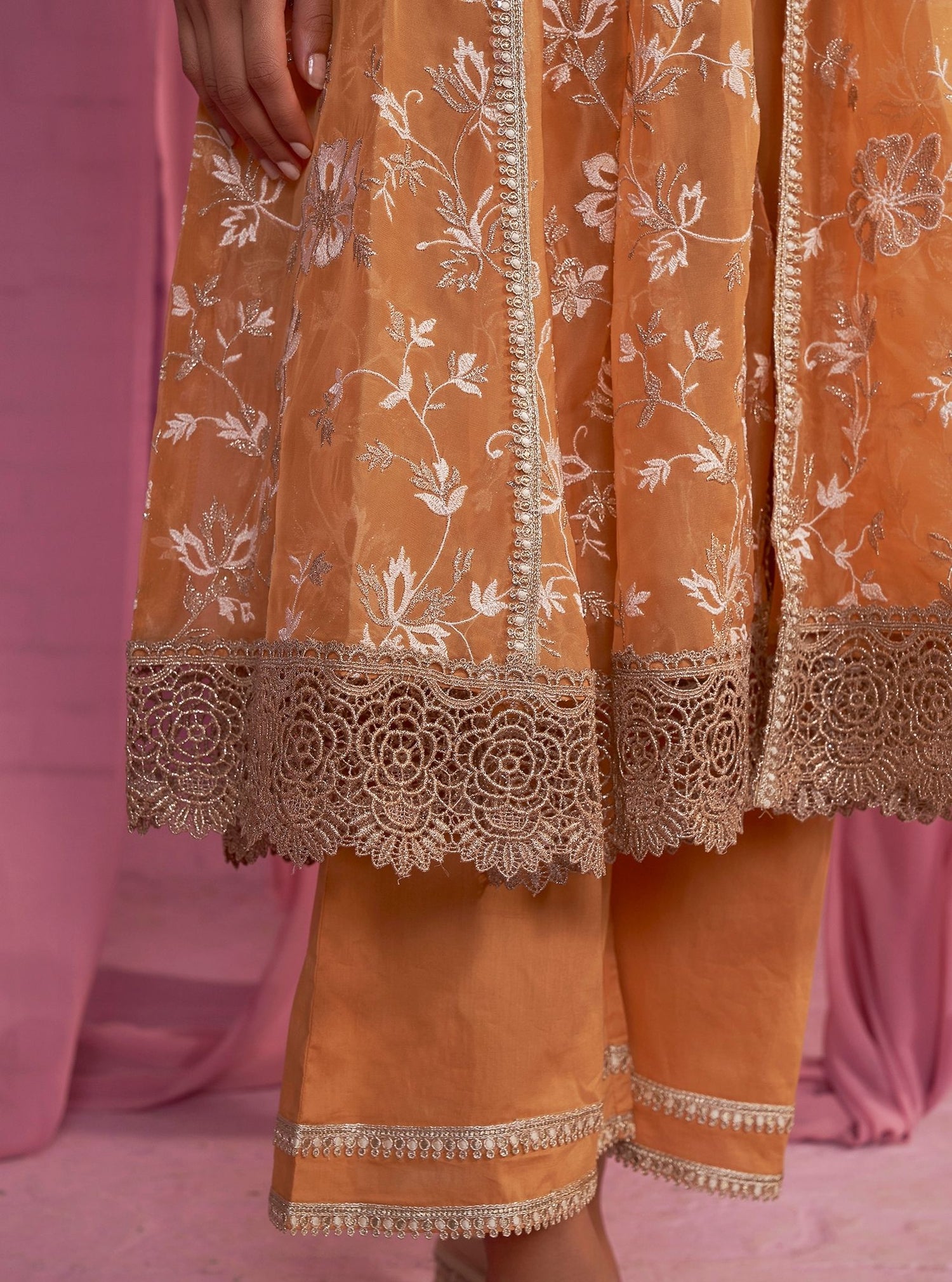 Mulmul Organza Sharvi Orange Anarkali Kurta With Mulmul Cotton Sharvi