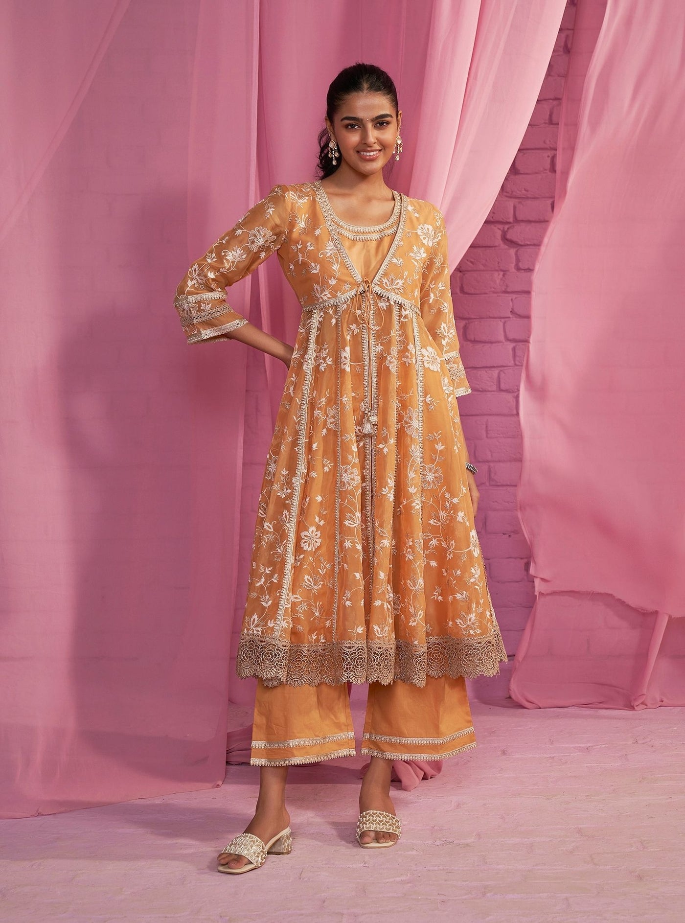 Mulmul Organza Sharvi Orange Anarkali Kurta With Mulmul Cotton Sharvi