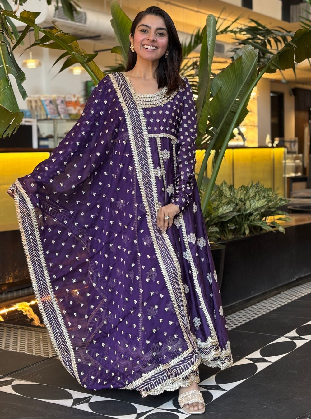 Mulmul Organza Satin Palki Purple Kurta With Mulmul Organza Satin Palk