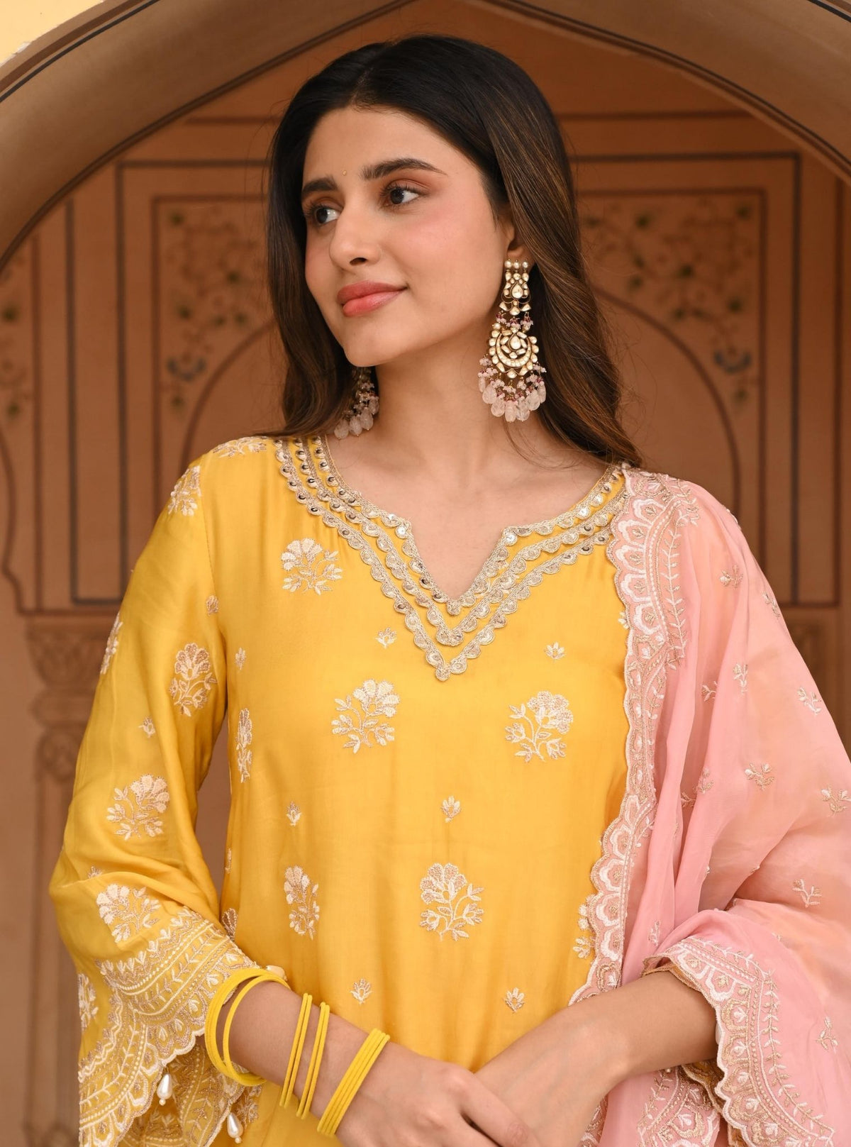 Mulmul Luxe Satin Mehar Yellow Kurta with Mulmul Luxe Satin Mehar Yell