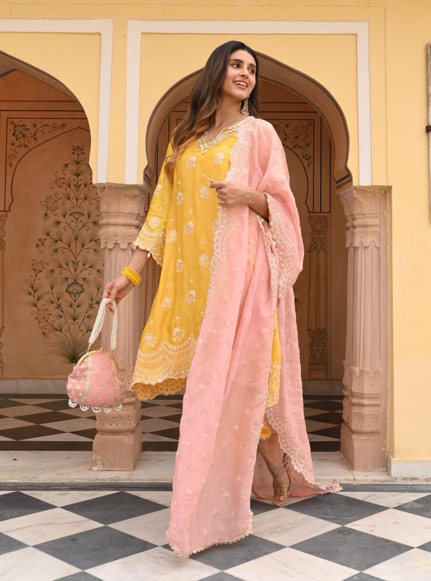 Mulmul Luxe Satin Mehar Yellow Kurta with Mulmul Luxe Satin Mehar Yell