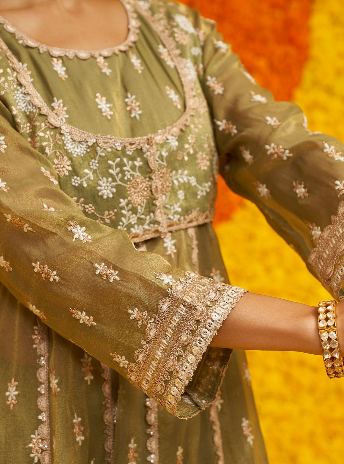 Mulmul Royal Tissue Genda Sage Green Anarkali Kurta With Mulmul Luxe T