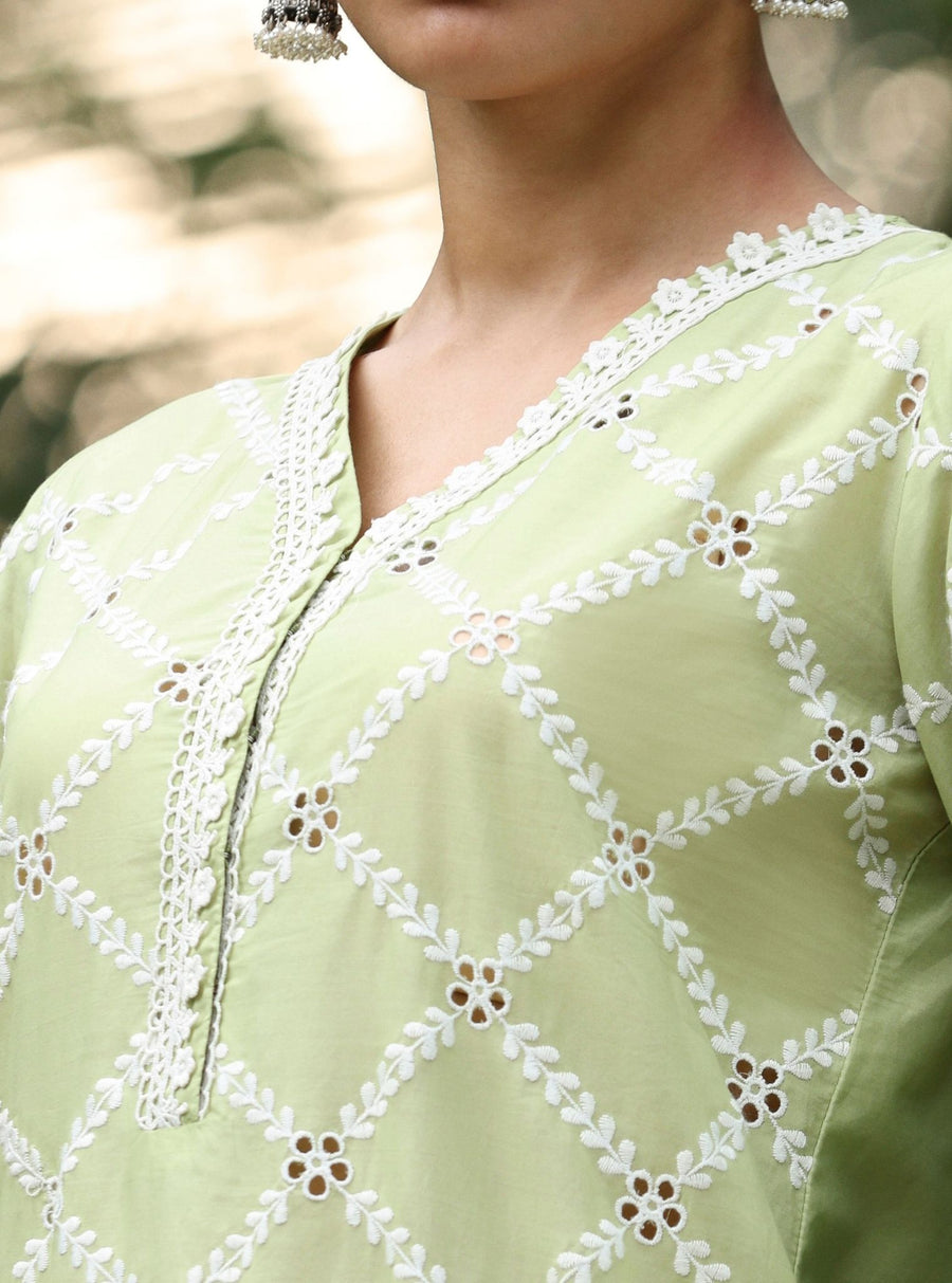 Mulmul Cotton Eesvari Light Green Kurta With Mulmul Cotton Revora Whit