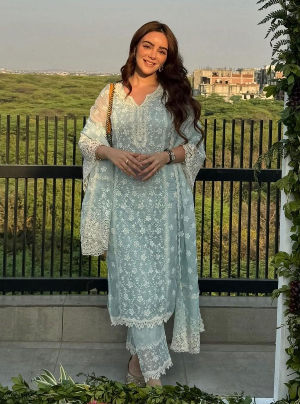 Mulmul Organza Freny Light Blue Kurta With Mulmul Cotton Freny Light B