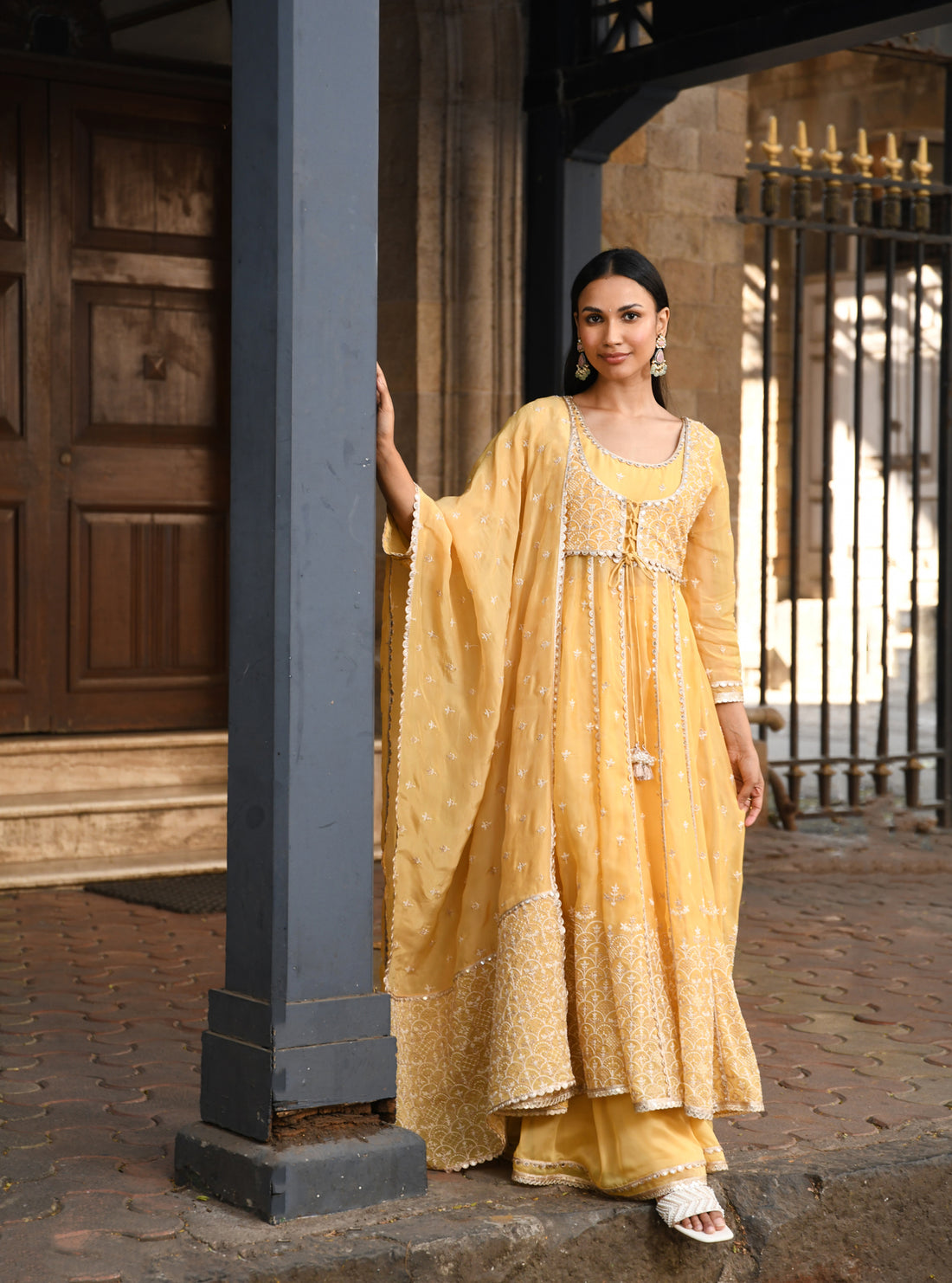 Mulmul Organza Sheri Yellow Anarkali Kurta With Mulmul Organza Sheri Y