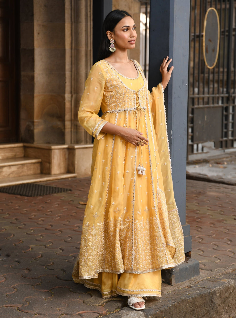 Mulmul Organza Sheri Yellow Anarkali Kurta With Mulmul Organza Sheri Y