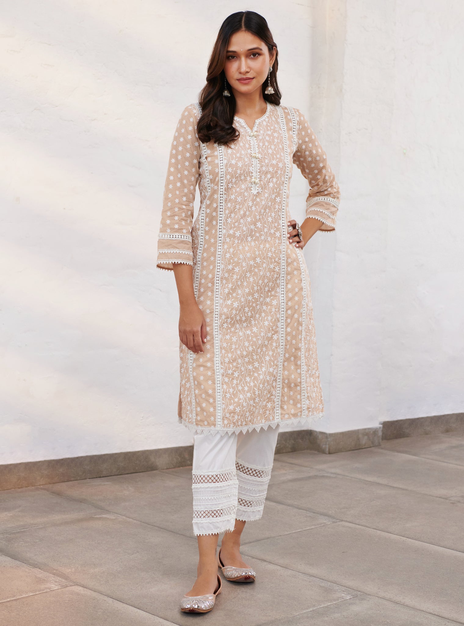 Mulmul Cotton Moira Beige Kurta With Mulmul Cotton Floral Ladder Slim