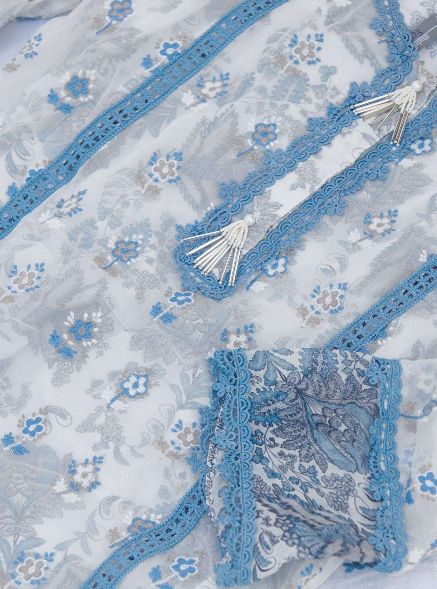 Mulmul Organza Terra Blue Kurta With Mulmul Cotton Terra Blue Pant